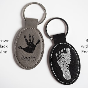 Personalized Child's Hand or Footprint Keychain, 3" Oval Vegan Leather Keyring Gift for New ...