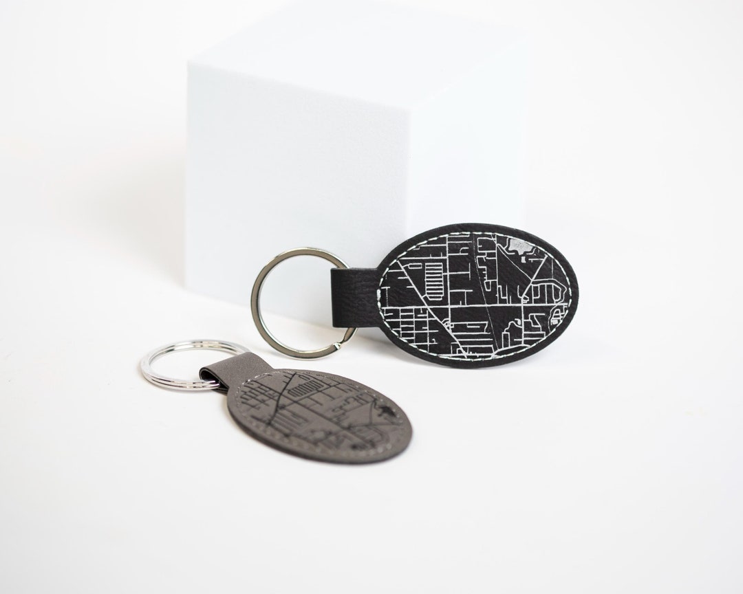 Personalized Map Keychain in Gray or Black Leatherette, Oval Vegan ...