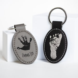 Personalized Child's Hand or Footprint Keychain, 3" Oval Vegan Leather Keyring Gift for New ...