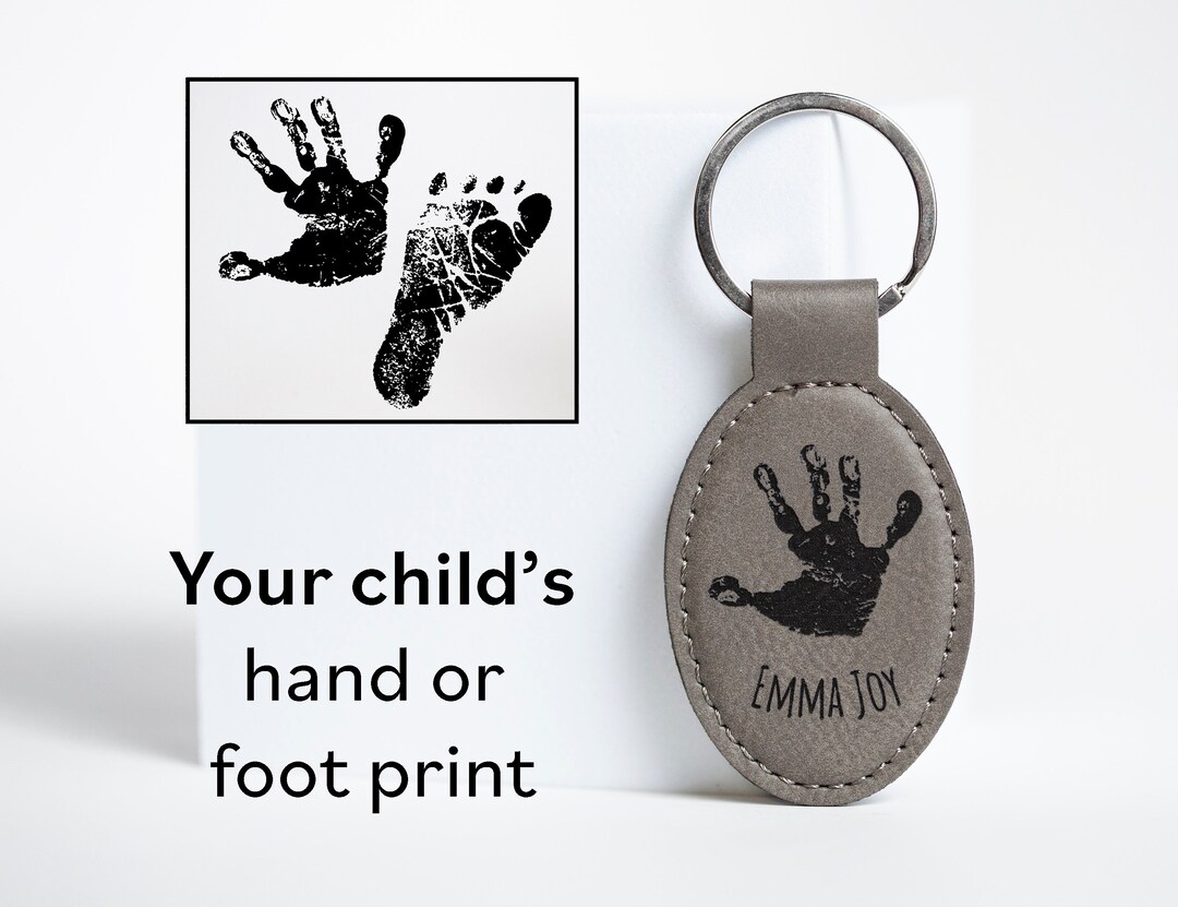 Personalized Child's Hand or Footprint Keychain, 3" Oval Vegan Leather ...