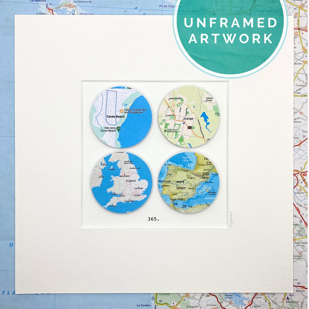 Family Map With FOUR Map Circles, Art With Any Worldwide Map Locations ...