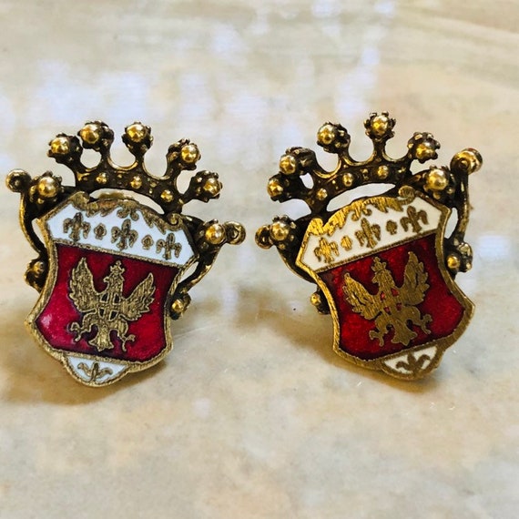 Vintage Enamel European Eagle Crown Earrings - Gem