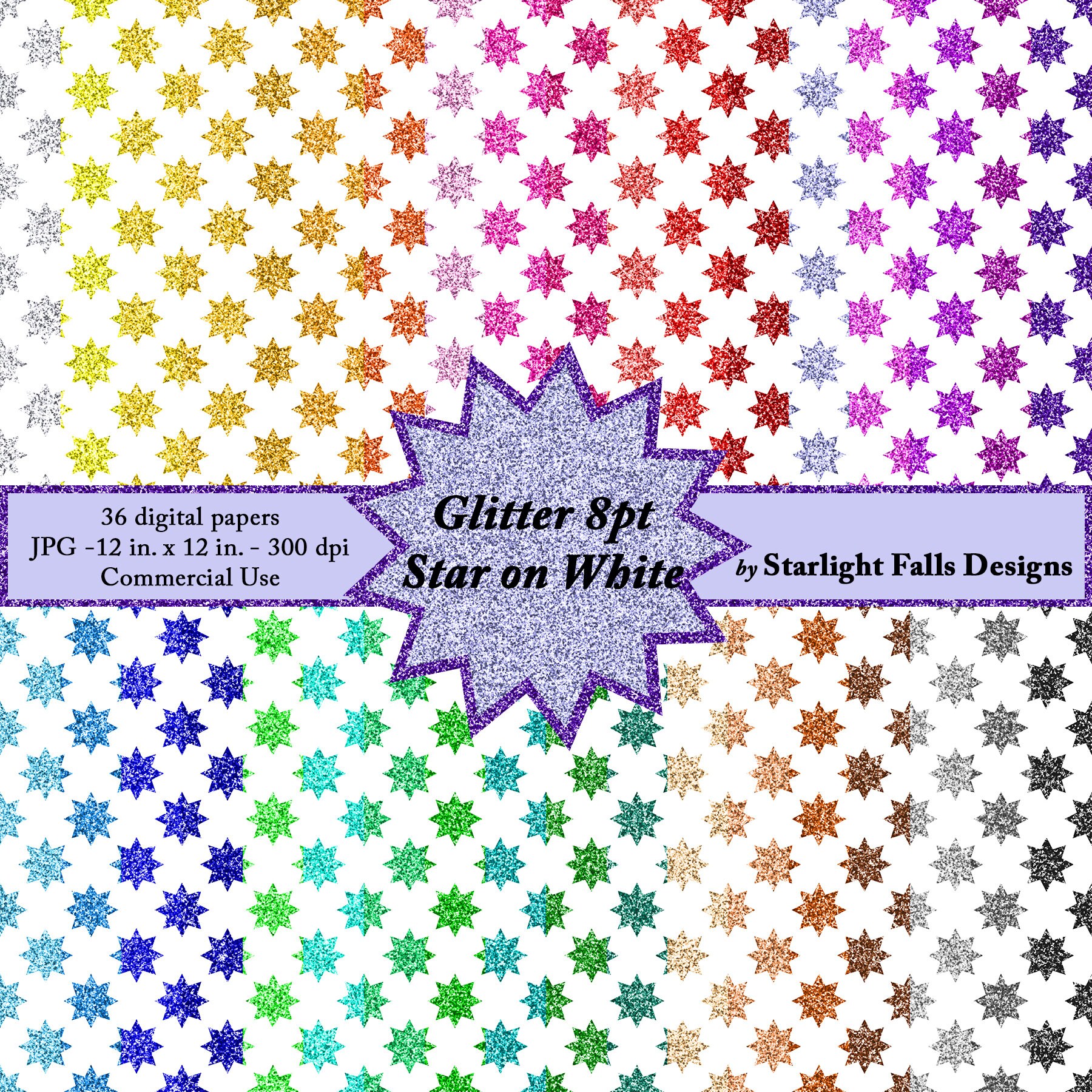 Glitter 8pt Star on White Digital Paper Pack Instant | Etsy