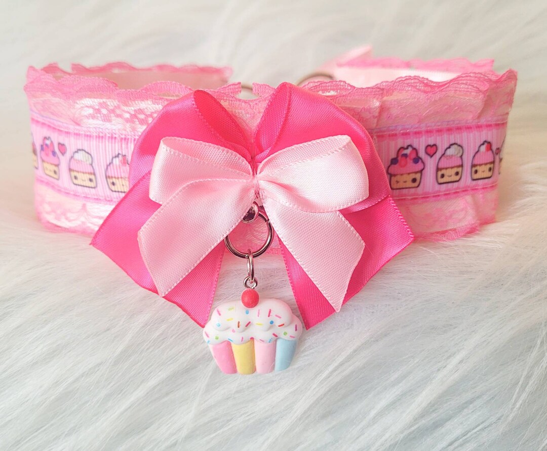 Pink Kawaii Cupcake Kitty Collar Cute Rainbow Cake Choker Lolita ...