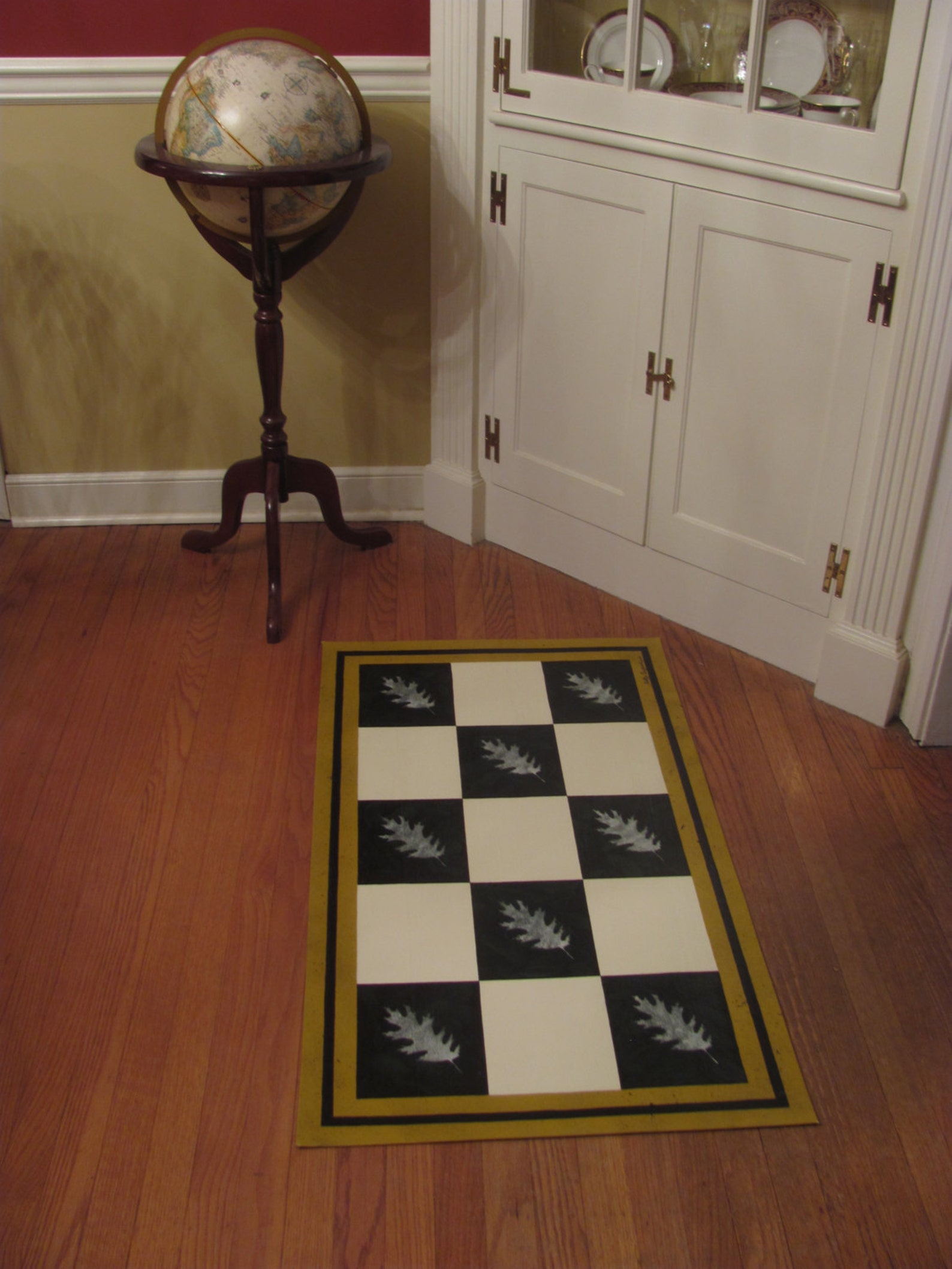 Painted Canvas Floorcloth With Checkered Leaf Design - Etsy