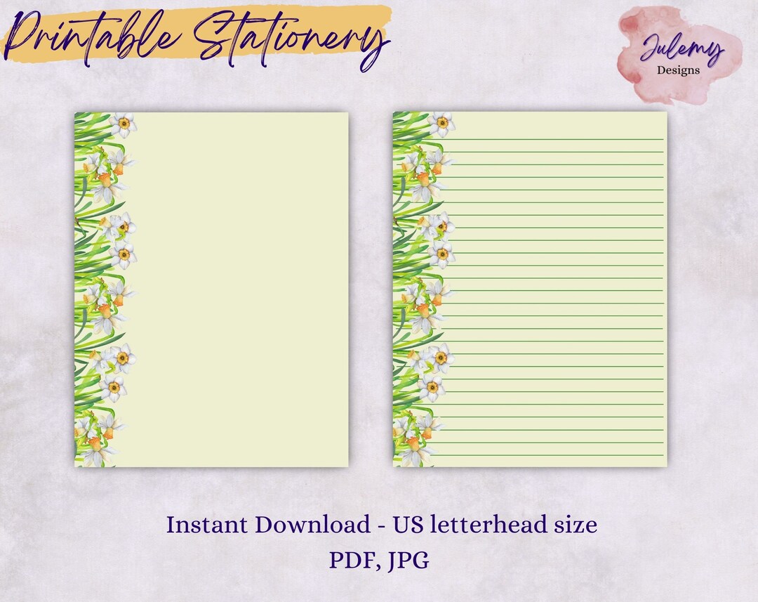 Daffodil Stationery, Printable Stationery Set, Instant Download Paper Pack, US Letter Size PDF ...
