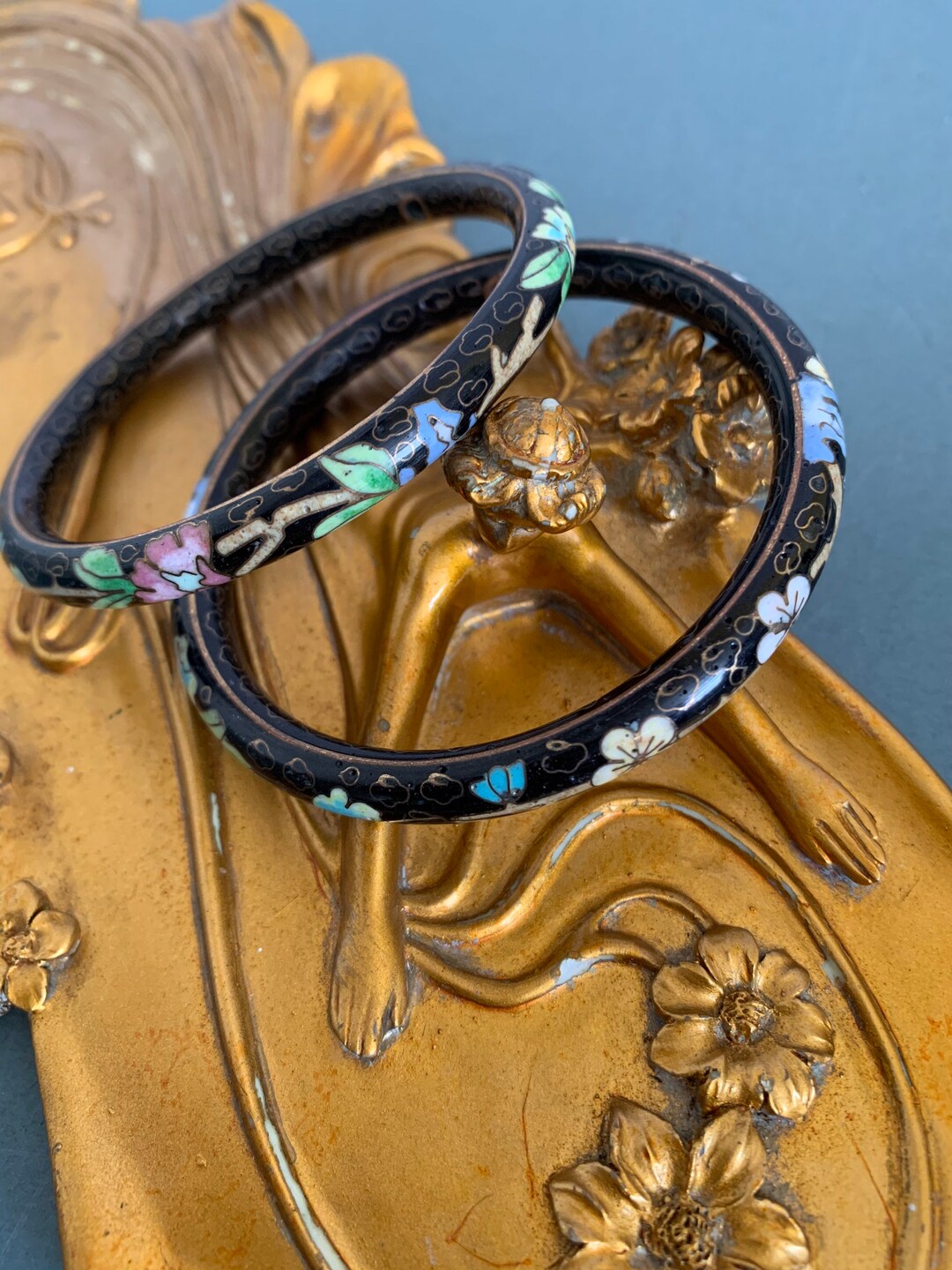 Vintage Cloisonné Bangles, Bracelets Sets, Asian Enamel Painted, Black ...