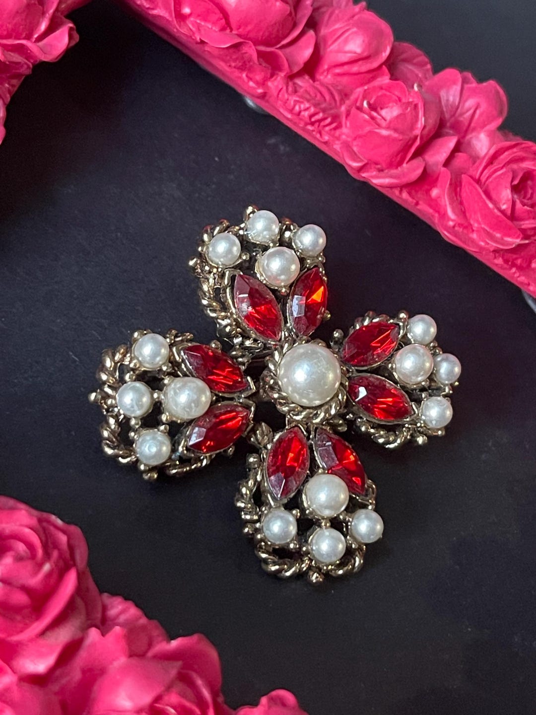 Vintage Maltese Cross Pin, Ruby Red Rhinestone Faux Pearl Pin, Celtic ...