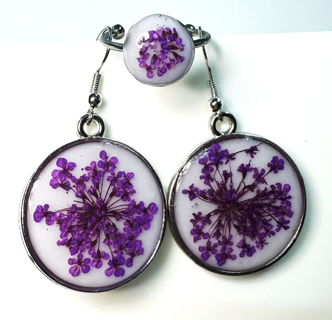 Pressed Flower Earring and Ring Set in Silver Circle Setting - Etsy