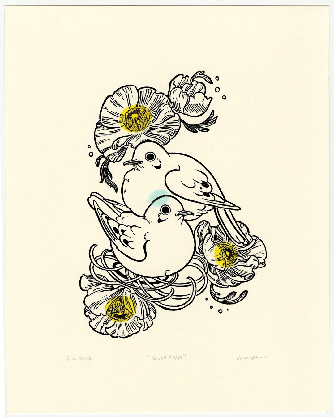 Art Print - "good Eggs" - Relief Print Mourning Dove Bird Pigeon Poppy Linocut - Etsy