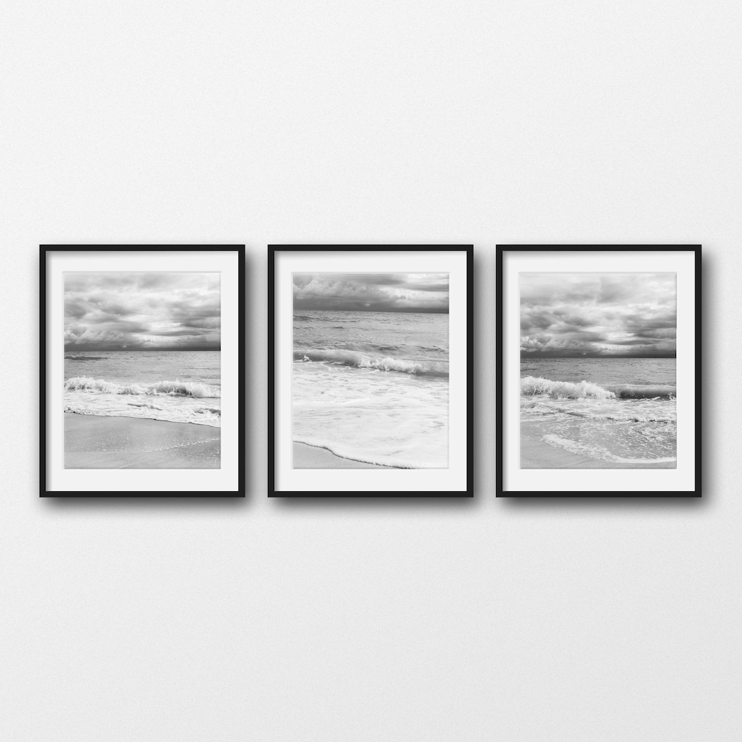 Beach Photography Prints, Black & White Ocean Art, Coastal Print Set ...