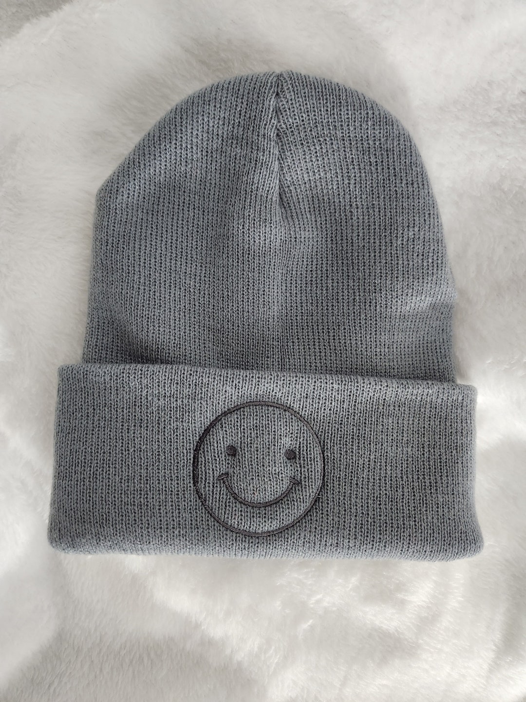 Smiley Face Beanie, Embroidery Winter Hat, Cuffed Beanie, Gift for Him ...