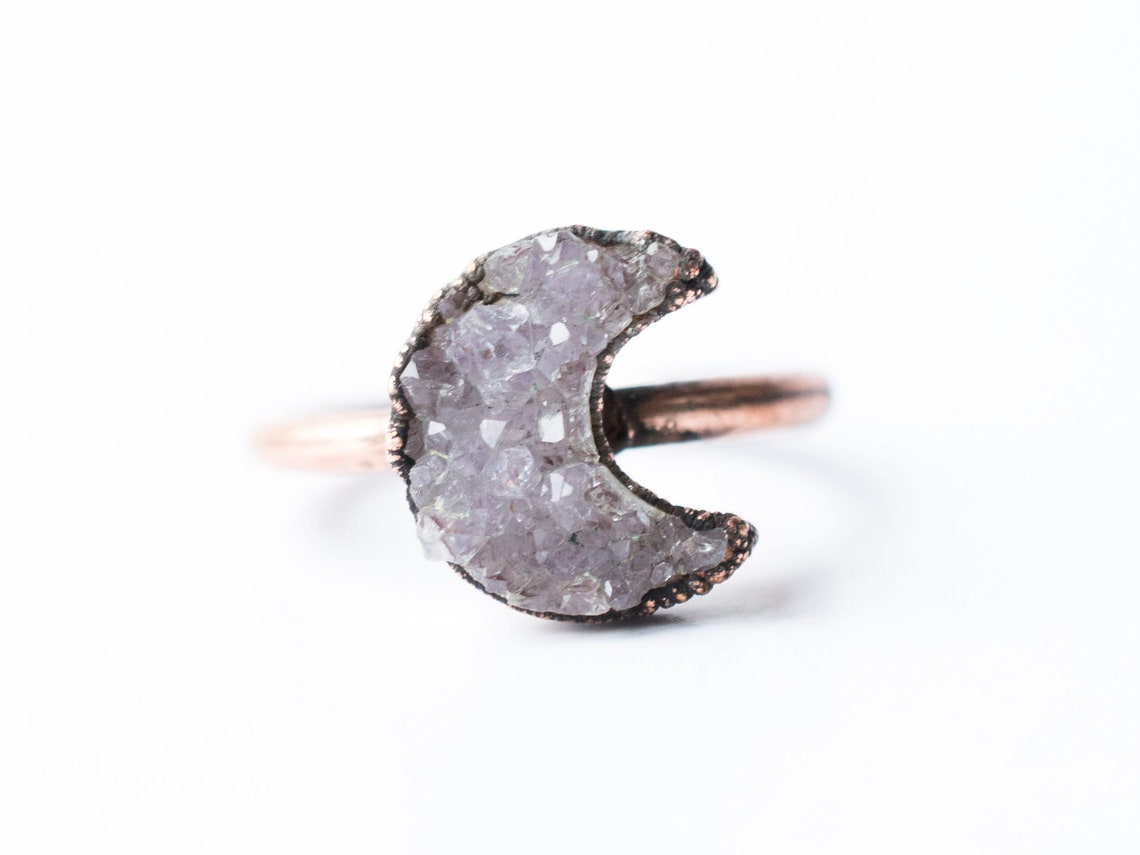 Druzy Moon Ring | Crystal Moon Ring | Moon Ring | Electroformed Moon ...