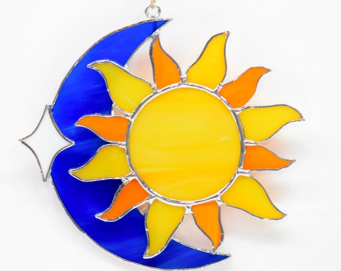 Stained Glass, Stained Glass Sun Moon and Star Window Panel, Made in ...