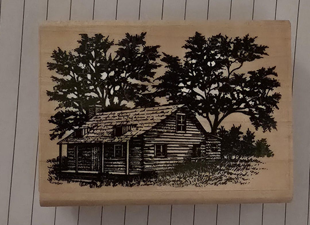 Cabin Rural Landscape Background Tree Vintage Wood Mounted Rubber Stamp ...