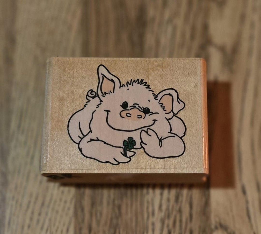 Suzy's Zoo Make a Wish Pig Cute A1303D Vintage Wood Mounted Rubber ...