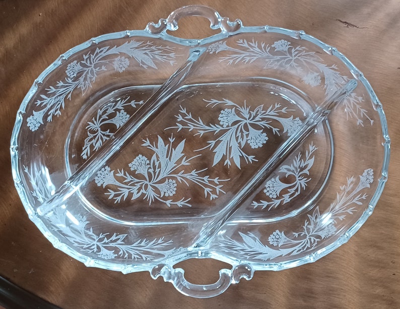 Antique Delicate Thistle Glass Three Section Bowl With Handles Serving ...