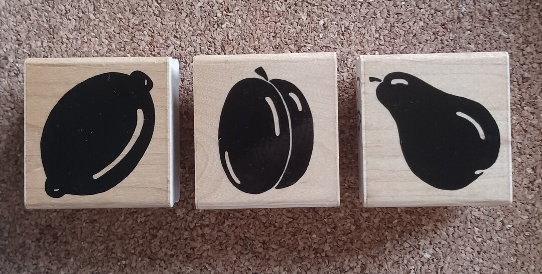 3 Fruit Peach Pear and Lemon Lime Background Shadow Wood Mounted Rubber ...