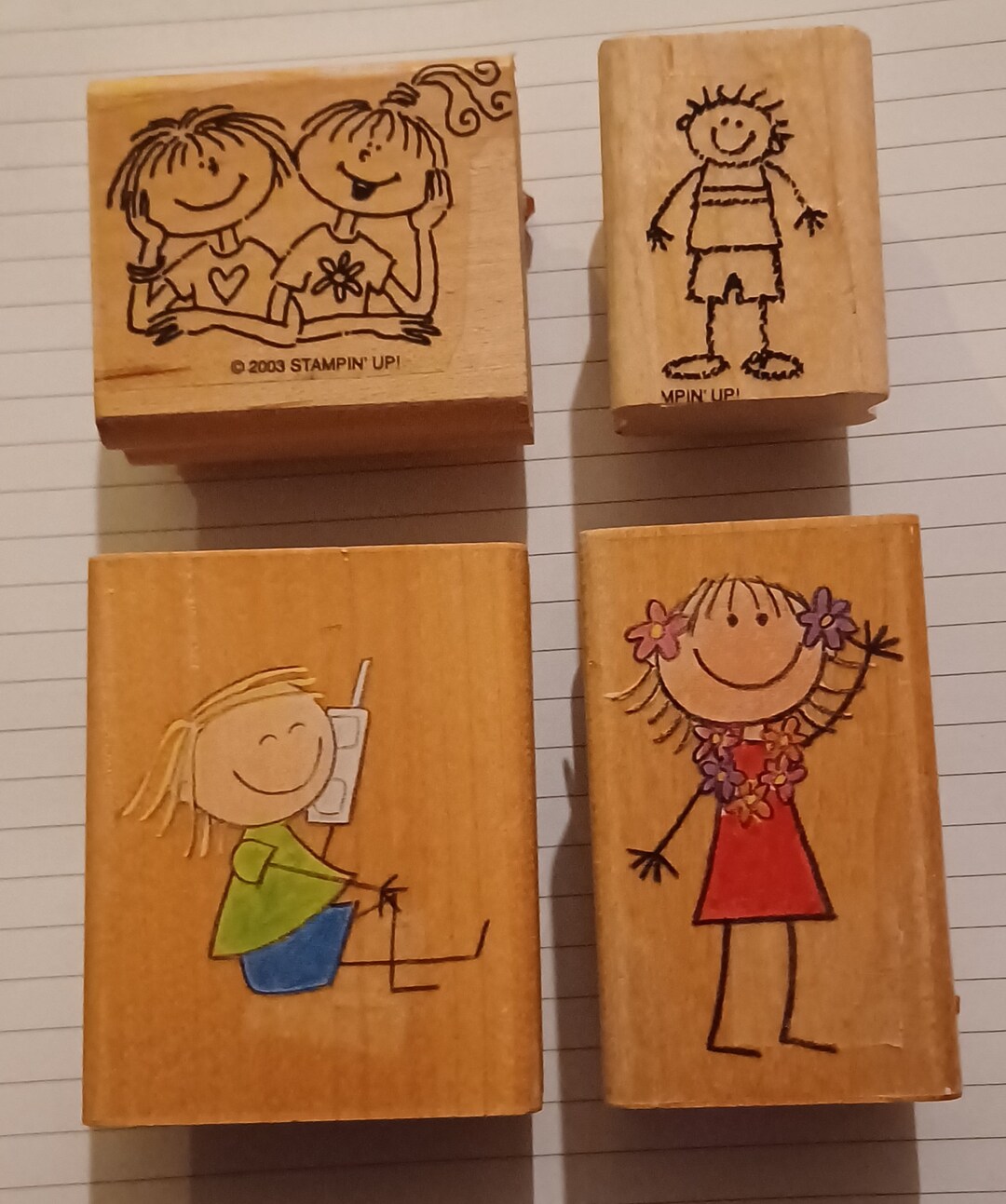 4 Stick Figure Kids Children Child Memory Wood Mounted Rubber Stamps ...