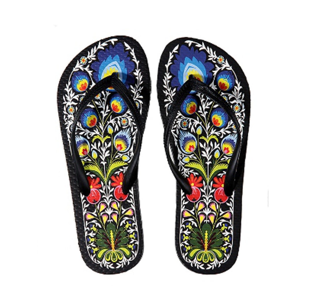 Polish Folk Art Flowers Black Flip-flops - Etsy