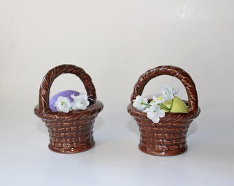 Vintage Mini Ceramic Woven Basket With Yellow and Pink Flower Accent - Etsy