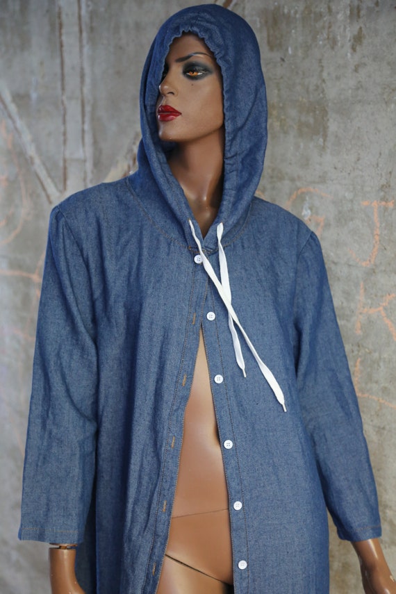 1990s Hooded Denim Cotton Long Jacket - Gem