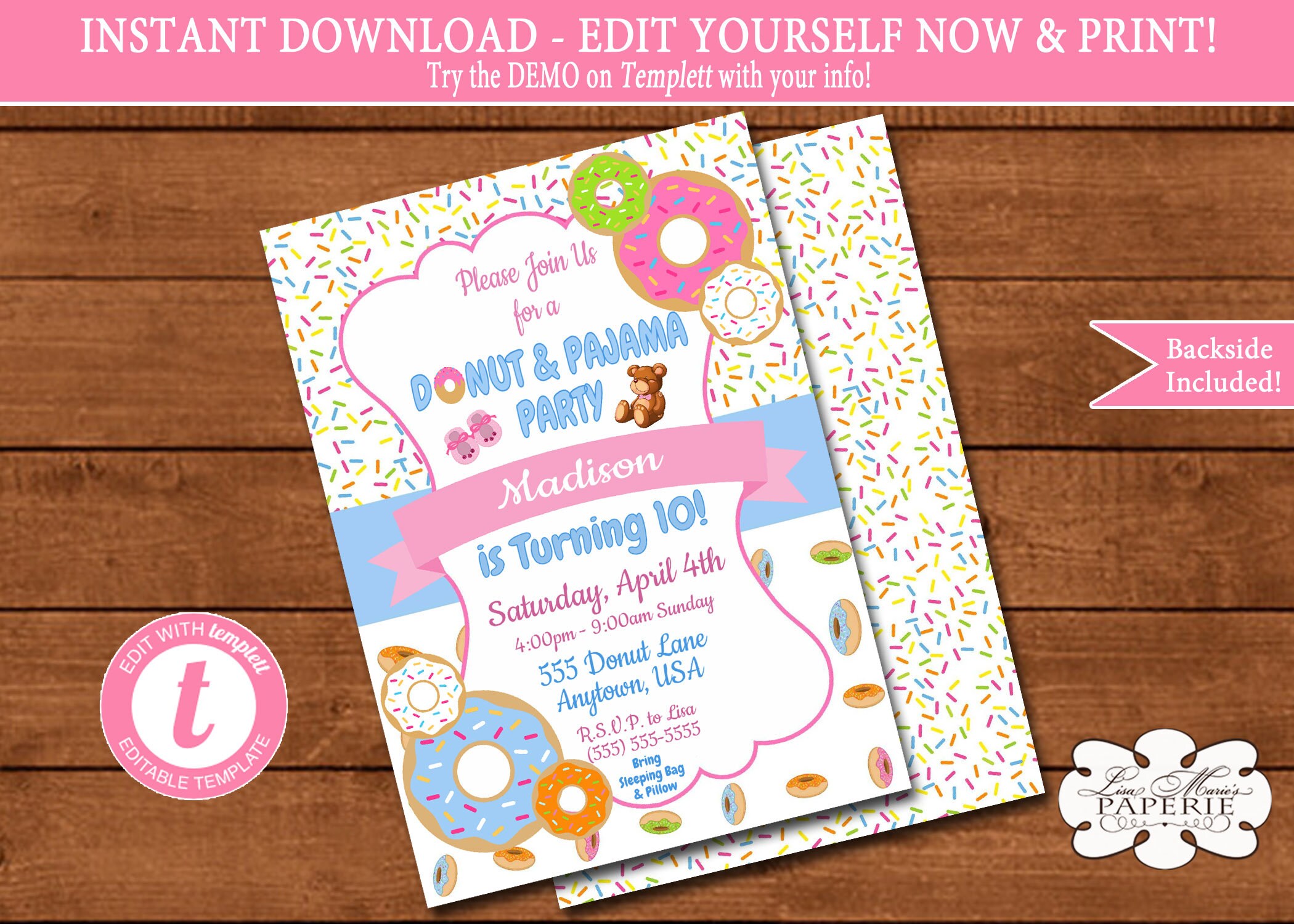 Donut and Pajama Party Invitation Edit Yourself Invitation - Etsy