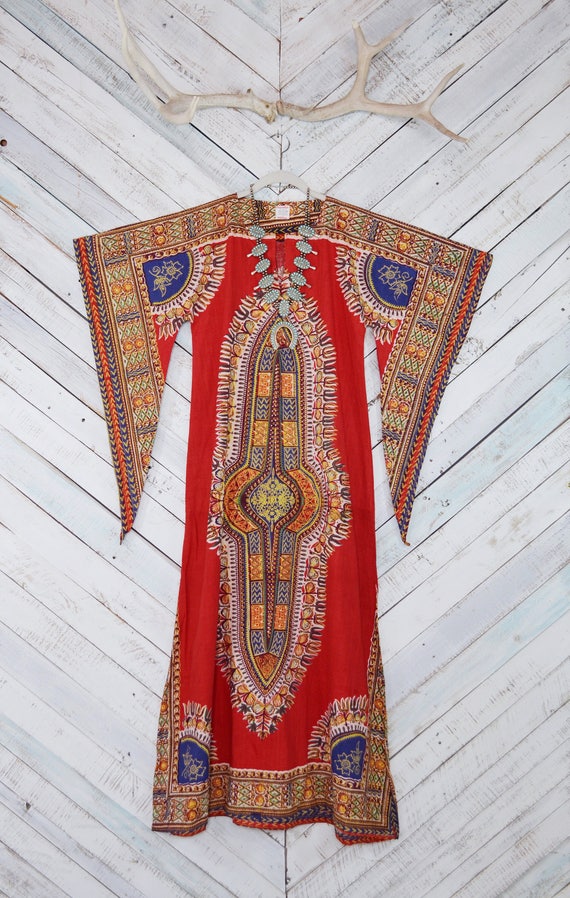 70s Dashiki Maxi Dress | Red Indian caftan dress 1970… - Gem