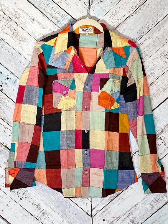 70s vintage Patchwork Shirt 1970s color block Indian … - Gem