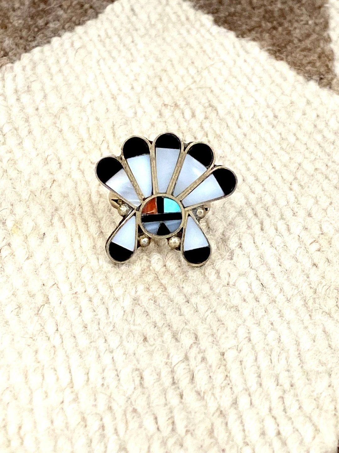 HUGE Vintage ZUNI Inlay Ring Sterling Silver Sunface Headdress MOP ...
