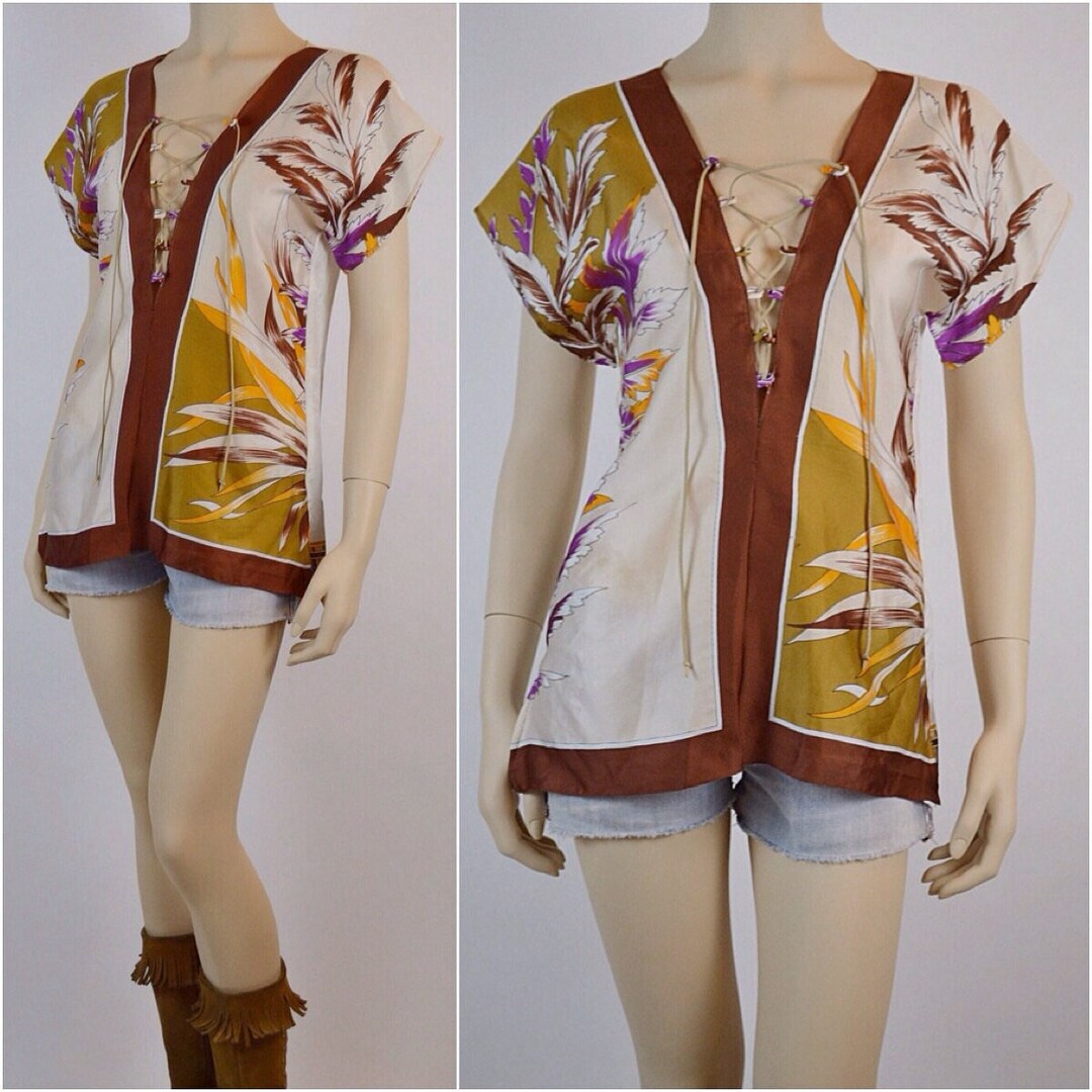 Boho Top Bohemian Lace up Shirt Handmade OOAK Silk Scarf Top Hippie ...