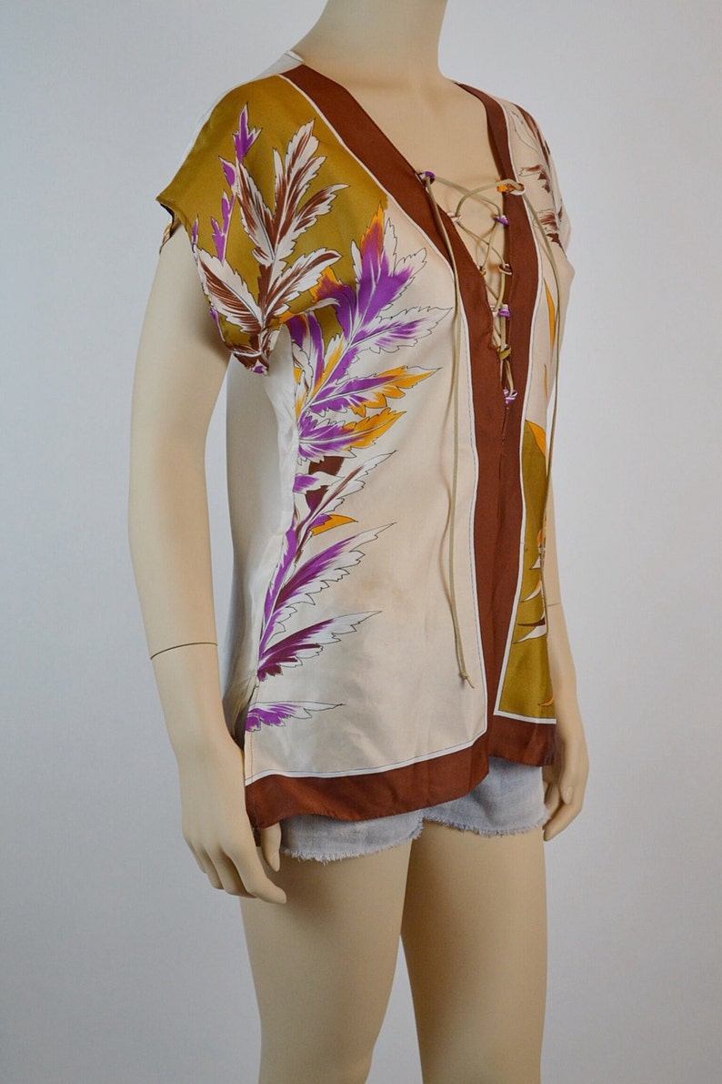 Boho Top Bohemian Lace up Shirt Handmade OOAK Silk Scarf Top Hippie ...