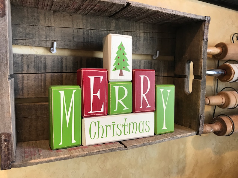Merry Christmas Block Set Table Centerpiece Holiday - Etsy