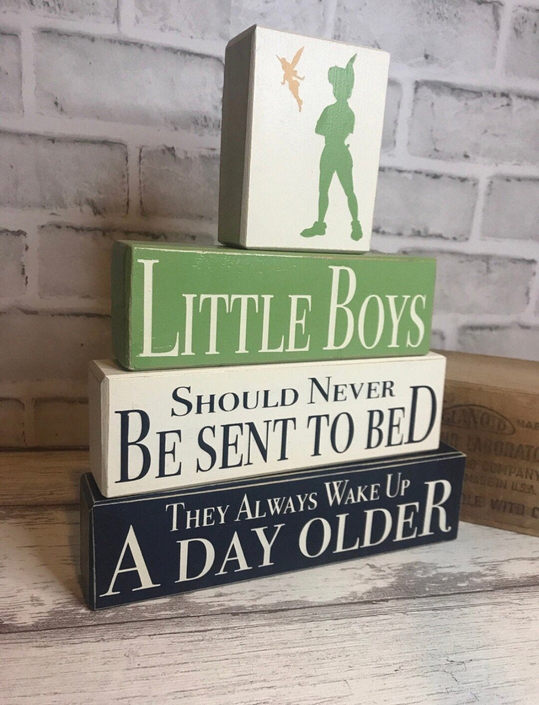 Neverland Never Send Boys to Bed 4 Piece Wood Block Set With Topper ...