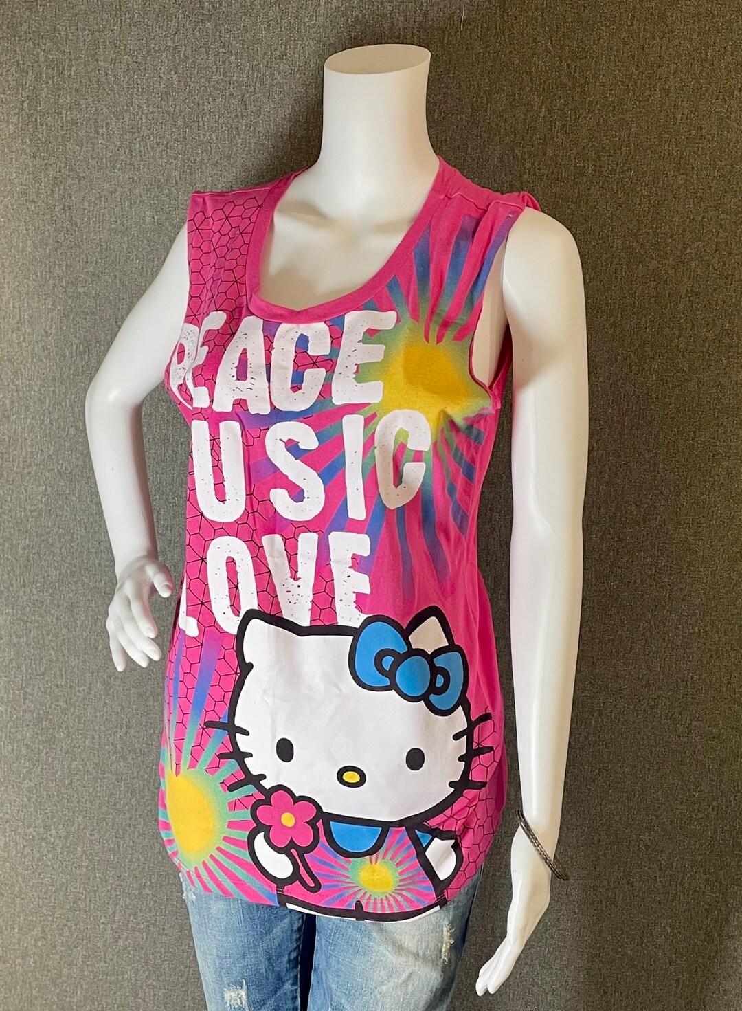 RARE Hello Kitty Ladies Tank Top XL Psicodélico Hippie Peave Love Music ...