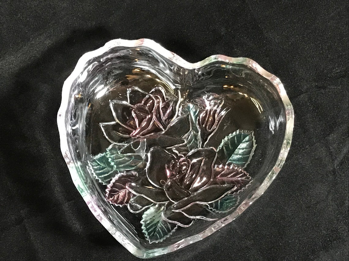 Vintage Heart Shaped Rose Embossed Glass Dish With Scalloped - Etsy