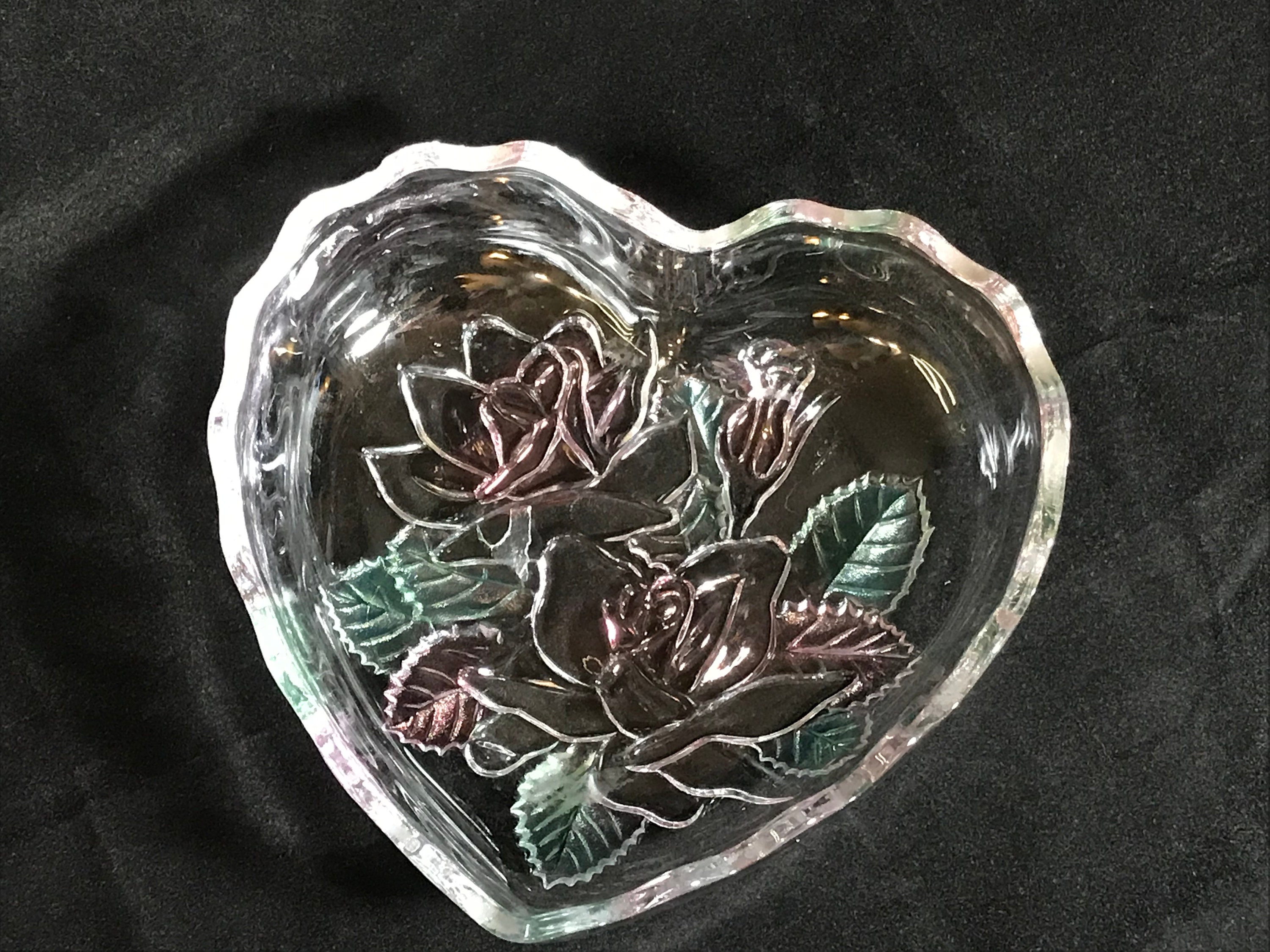 Vintage Heart Shaped Rose Embossed Glass Dish With Scalloped - Etsy