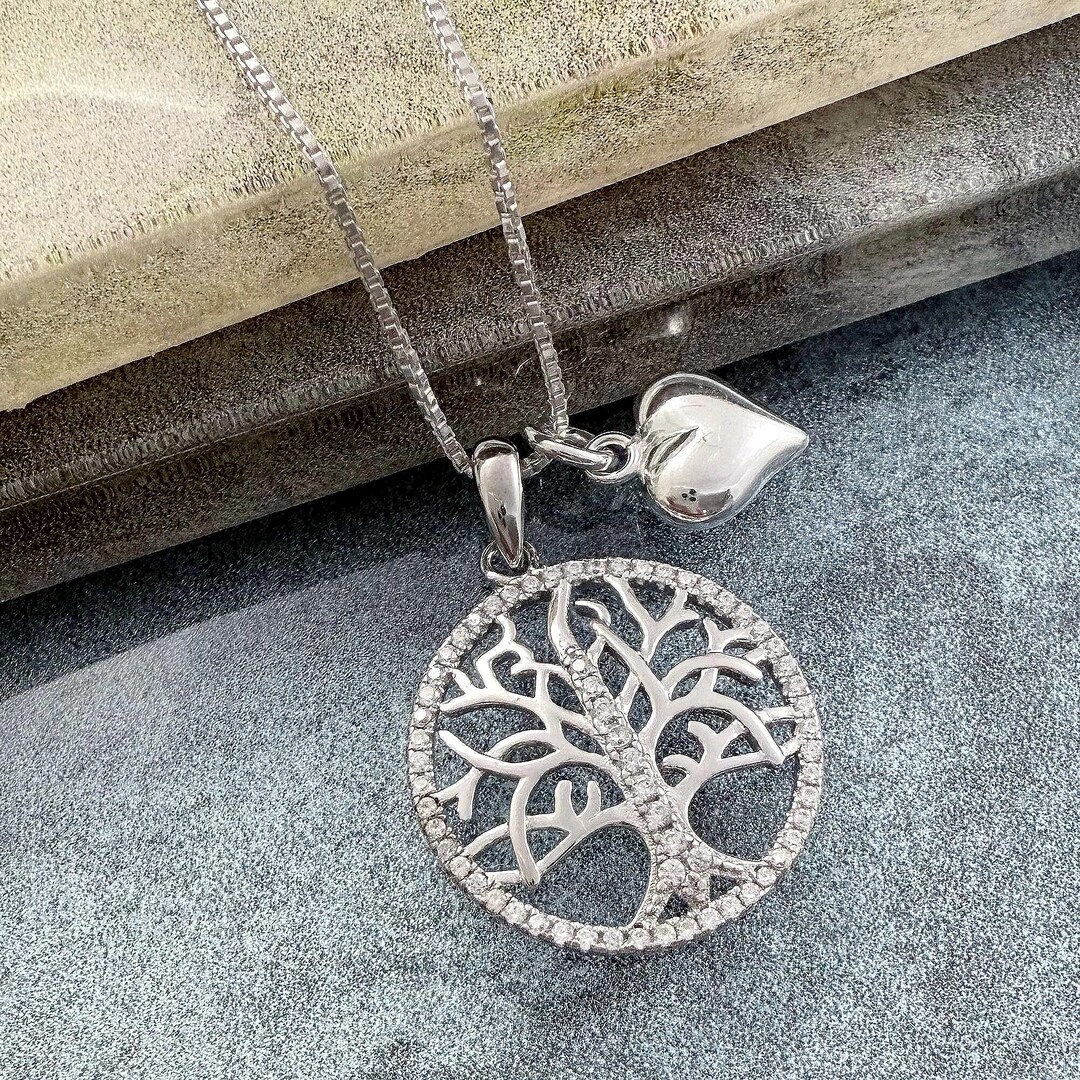 Sterling Silver Tree of Life Necklace With Puffed Heart Charm, Mother's ...