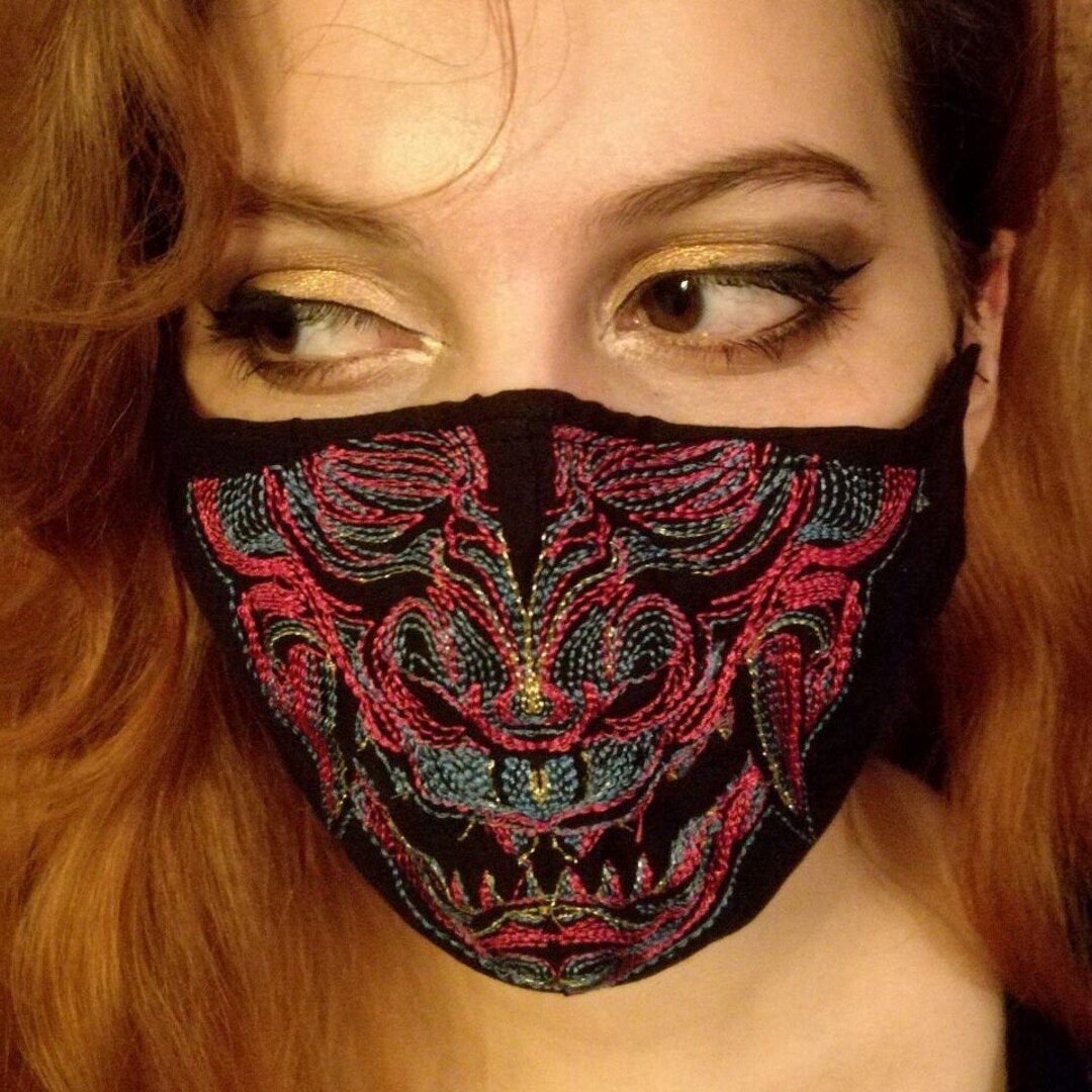 Japanese Oni Embroidered Facemask Cyan and Pink - Etsy