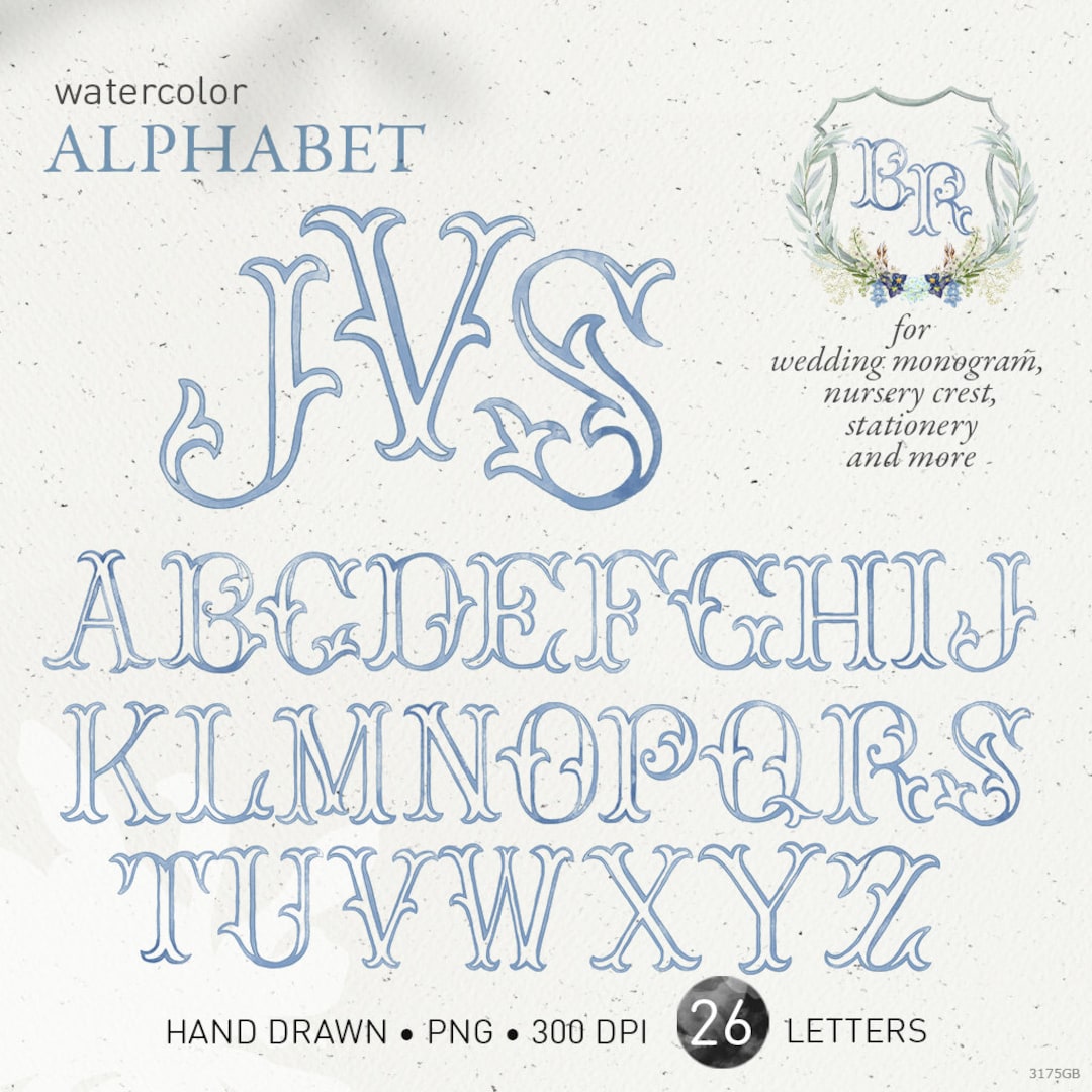 Wedding Monogram Letters, Crest Watercolor Alphabet, Vintage Dusty ...