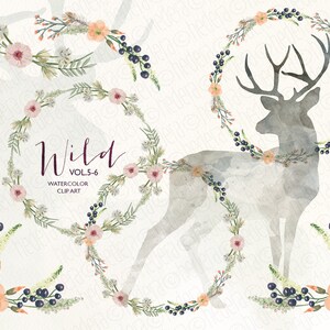 Watercolor Flower Wreaths, Deer, Anemone, Laurels, Wild Florals, Tribal ...