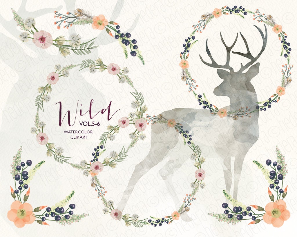 Watercolor Flower Wreaths, Deer, Anemone, Laurels, Wild Florals, Tribal ...