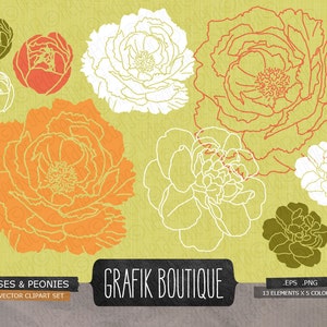 Flowers Roses Peonies Digital Vector Clip Art, Wedding, Save the Date ...