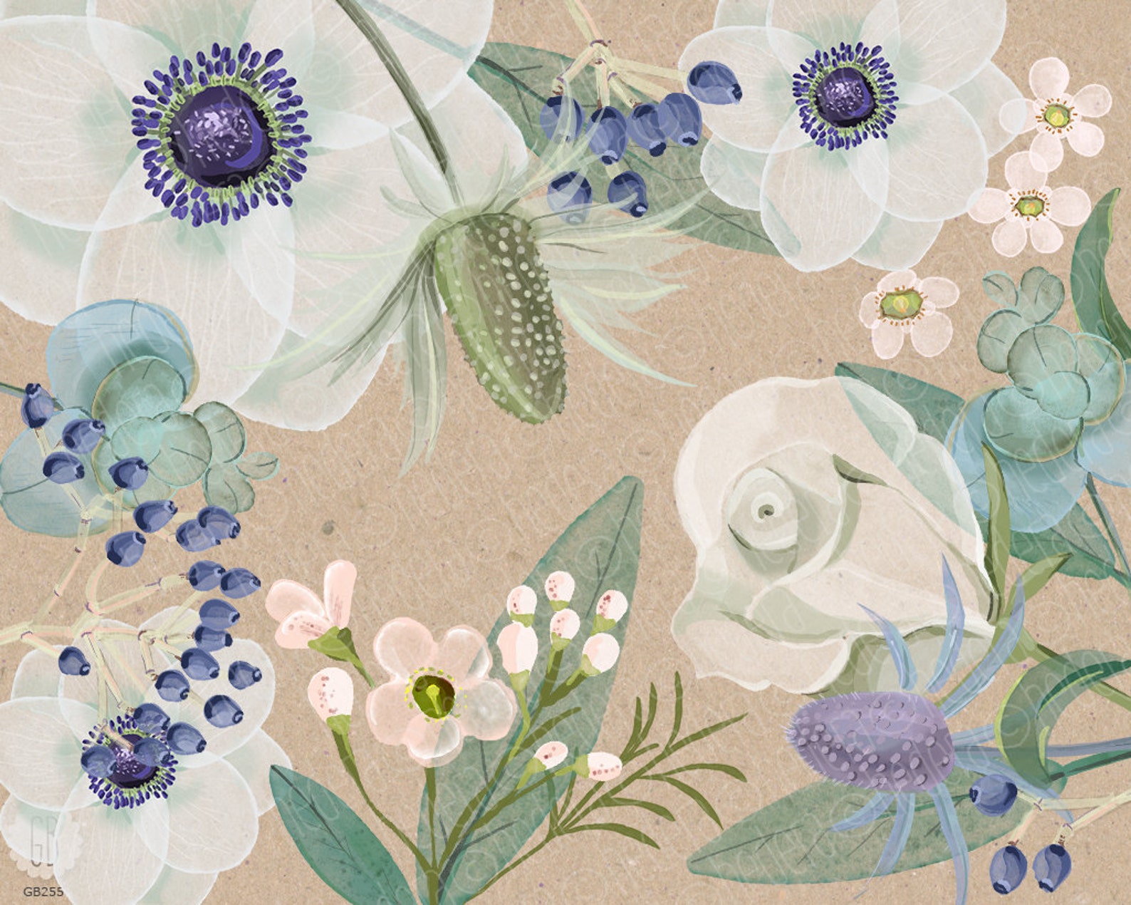 Watercolor Florist Bouquet Anemone Cream Rose Eucalyptus - Etsy