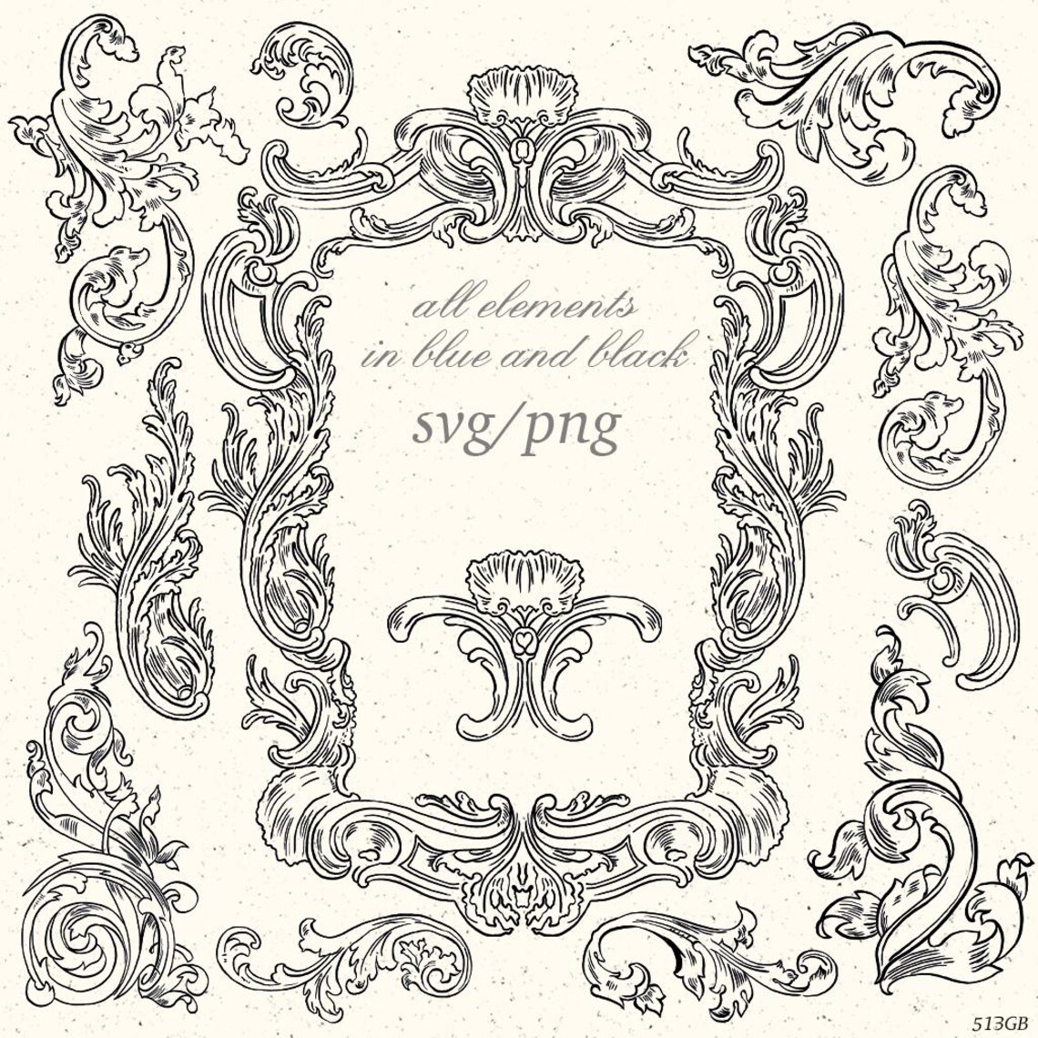 Baroque Blue Line Art, Rococo Frames, Wedding Crest Borders Acanthus ...
