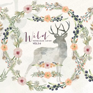 Watercolor Flower Wreaths, Deer, Anemone, Laurels, Wild Florals, Tribal ...