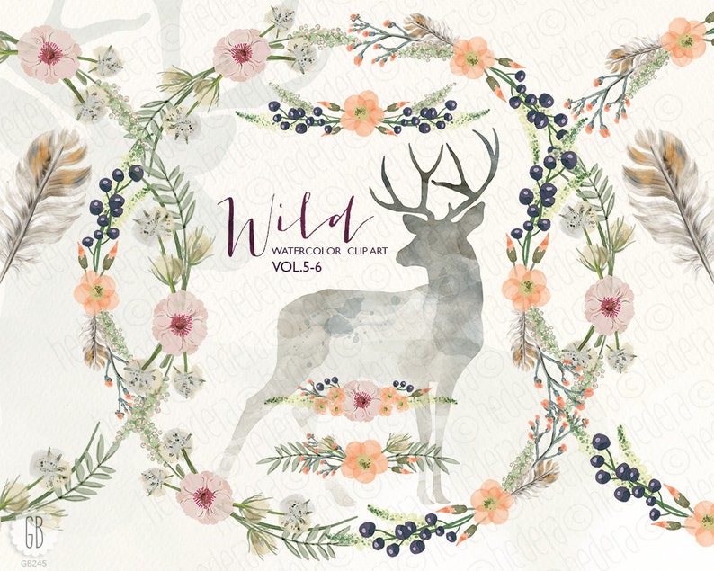 Watercolor Flower Wreaths, Deer, Anemone, Laurels, Wild Florals, Tribal ...