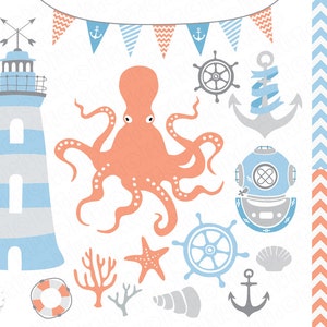 Nautical Vector Clip Art, Lighthouse, Fisherman, Coast, Corals Starfish ...