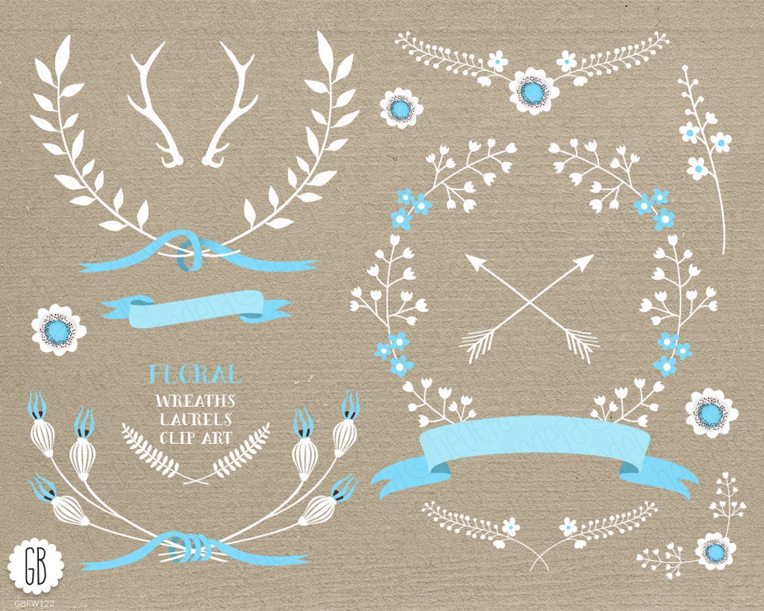 Floral Wreaths, Vector Clip Art, Laurels Ribbons Folk Flowers Shower ...