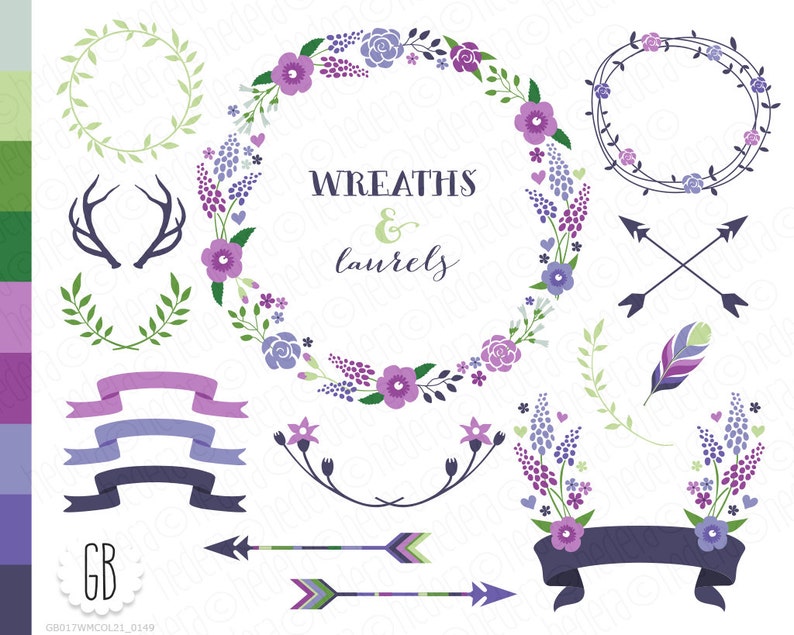 Floral Wreaths, Laurels, Ribbons, Clip Art, Vector, Muscari, Purple ...